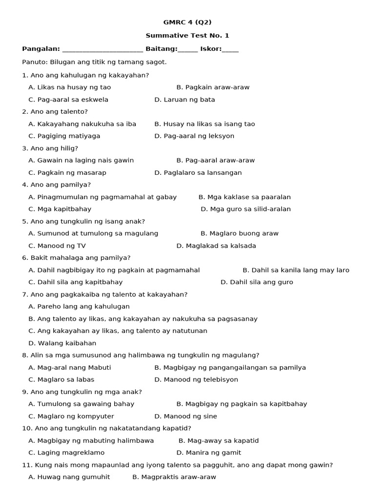 GMRC 4 - Summative - Test - Q2 - W1-W2 | PDF