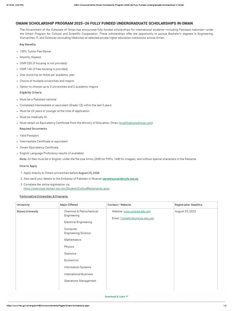 Omani Scholarship Program 2025-26 | PDF | Oman | University