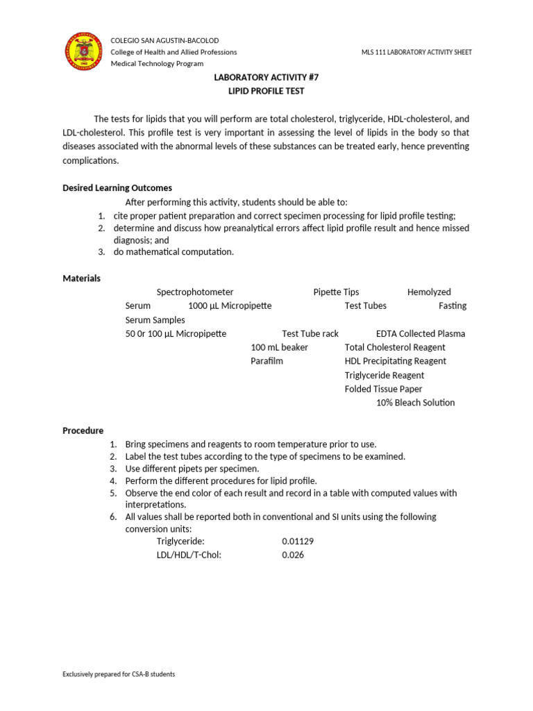 Lipid Profile Test Lab Activity Guide | PDF | Low Density Lipoprotein ...