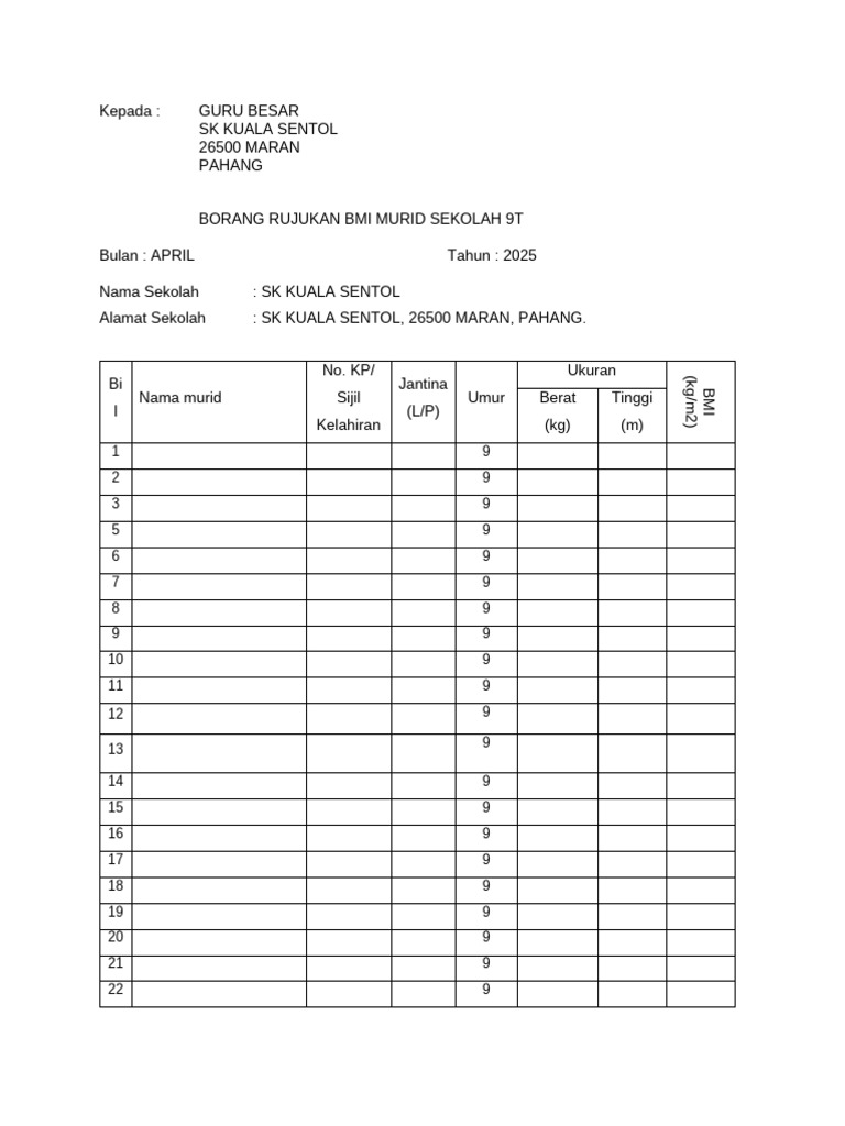 Borang BMI 2025 | PDF