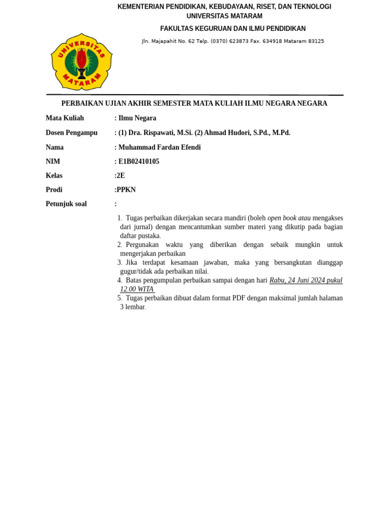 PERBAIKAN UAS ILMU NEGARA KELAS 2E | PDF