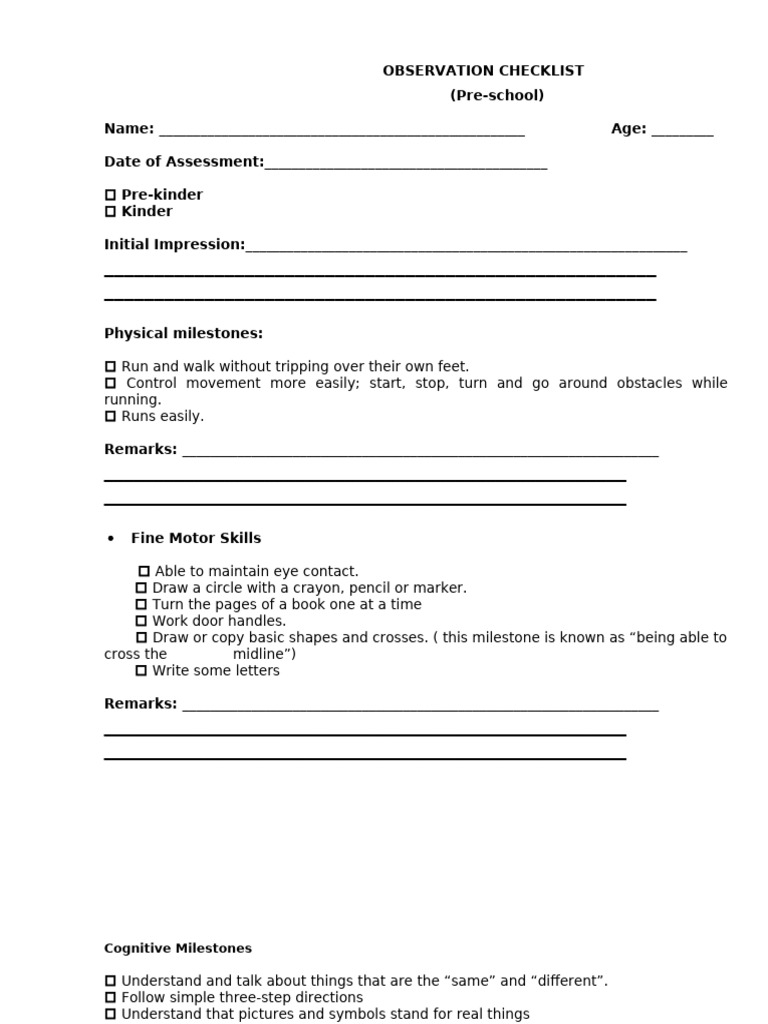 Preschool Observation Checklist | PDF | Conversation | Word
