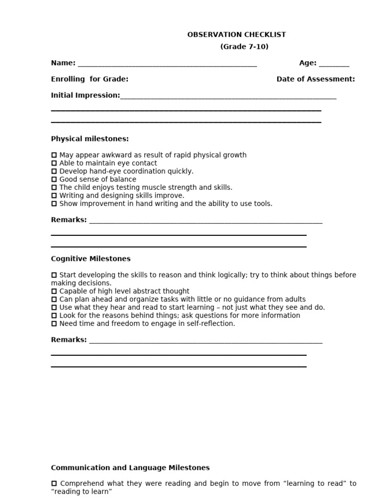 Grade 7-10 Observation Checklist | PDF | Thought | Reason