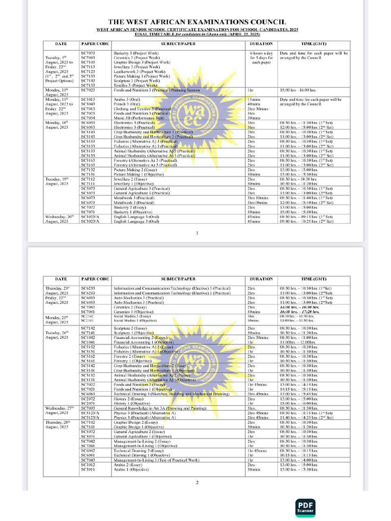 Wassce 2025 Confirmed Time Table | PDF