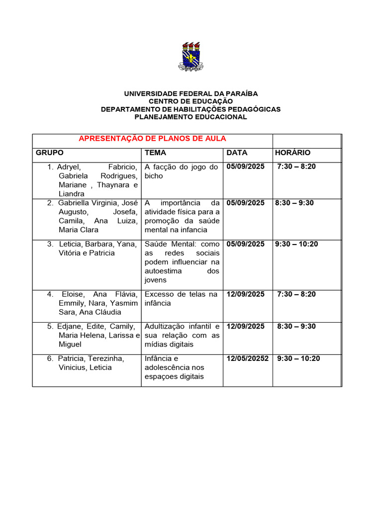 Cronograma Planos de Aula Manhã | PDF