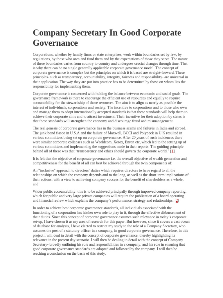 Role of Company Secretary in Governance | PDF | Corporate Governance ...
