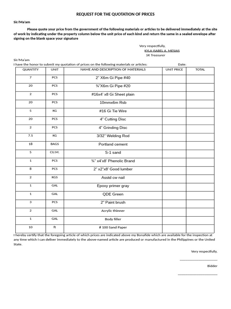 Price Quotation Request for Construction Materials | PDF | Conservation ...