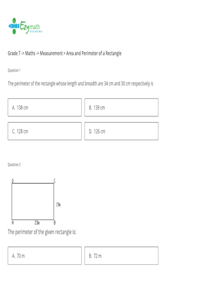 Year 7 - Maths Worksheet - Measurement - Area and Perimeter of A ...
