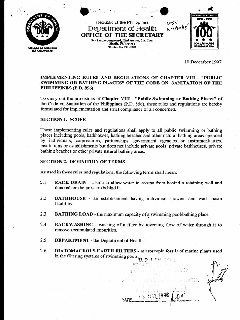 PD 856 Chapter 8 - Public Swimming Pool | PDF | Pump | Sanitary Sewer