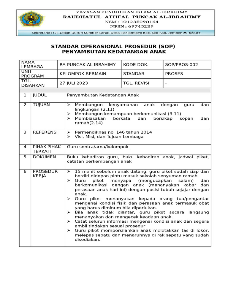 2 Sop Paud Penyambutan Kedatangan Anak | PDF