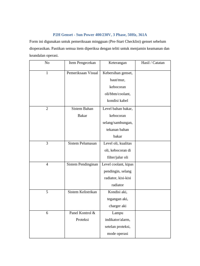 Checklist Mingguan Genset Sun Power | PDF