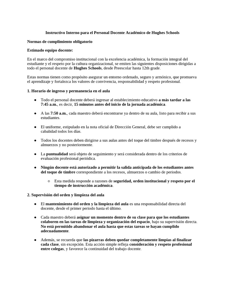 Instructivo Interno para El Personal Docente Académico de Hughes Schools | PDF | Salón de clases ...