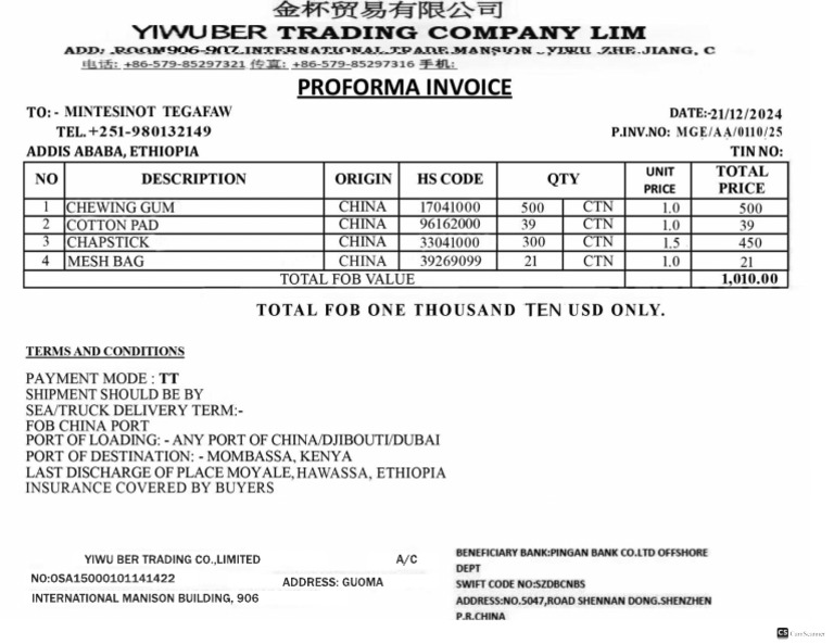 Tsega Proforma - Compressed | PDF