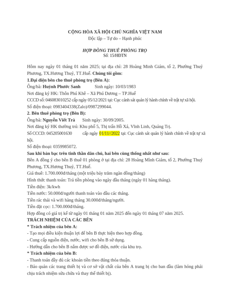 Hop-Dong-Cho-Thue-Nha-Tro Trà | PDF