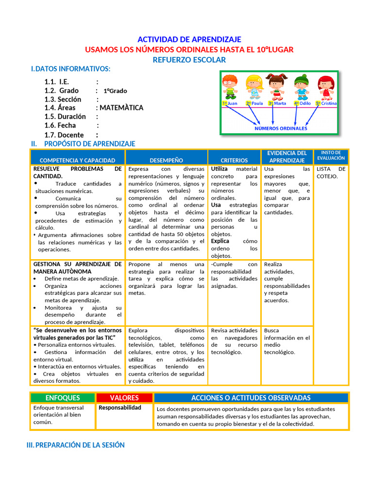 D5 A1 Sesion Mat. Usamos Los Números Ordinales Hasta El 10°lugar | PDF ...