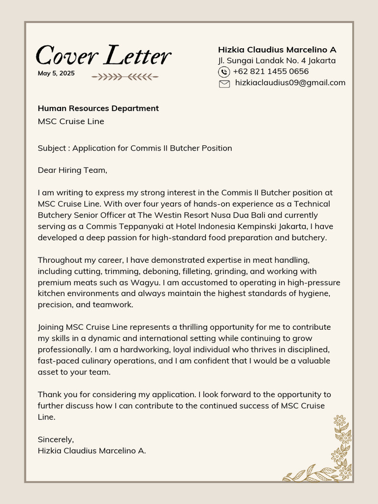 Cover Letter - MSC Cruise Line - Hizkia Claudius Marcelino A.pdf ...