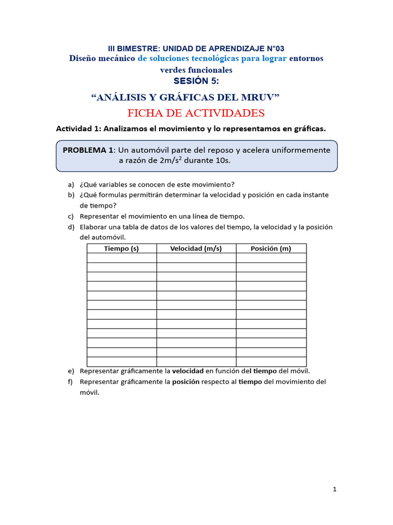 CT5 U3 S5 Ficha de Actividades Graficas Del MRUV | PDF | Aceleración | Velocidad