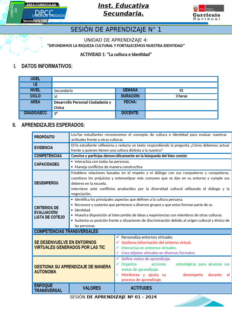 1º Dpcc- Ses 1 Uni 4 - Sem 01 | PDF | Aprendizaje | La sexualidad humana