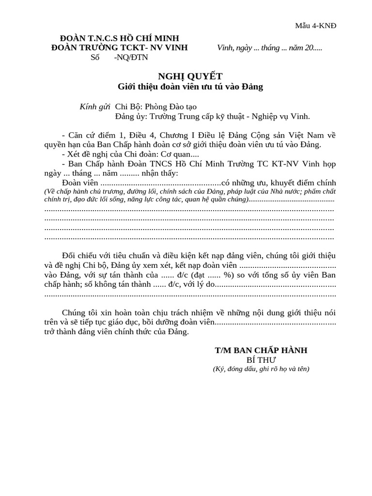 Mau 4 KND NQ Gioi Thieu Doan Vien Uu Tu Vao Dang | PDF