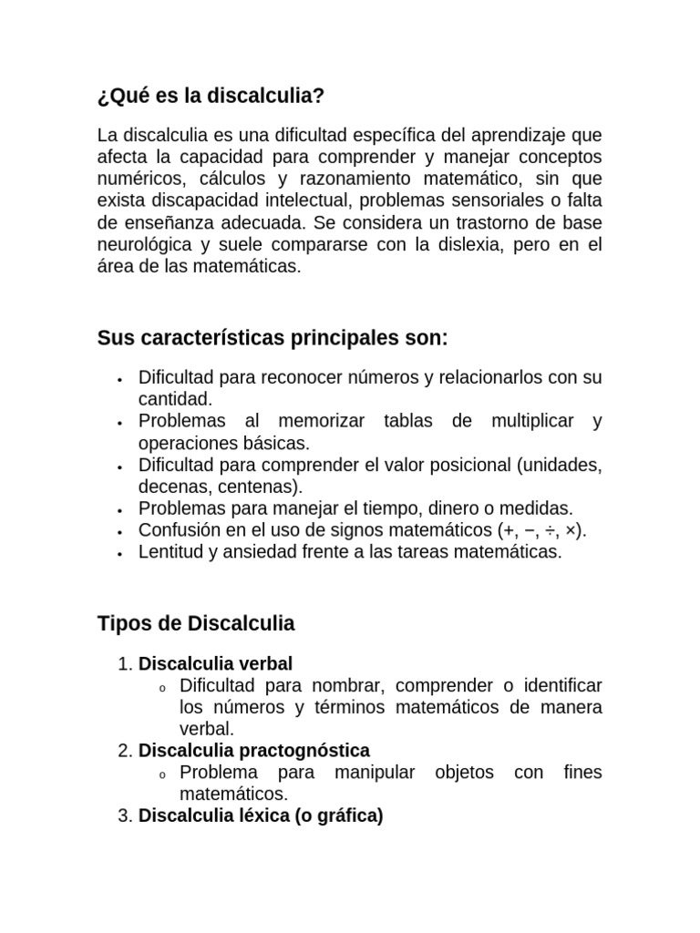 Entendiendo la Discalculia: Síntomas y Estrategias | PDF | Aprendizaje ...