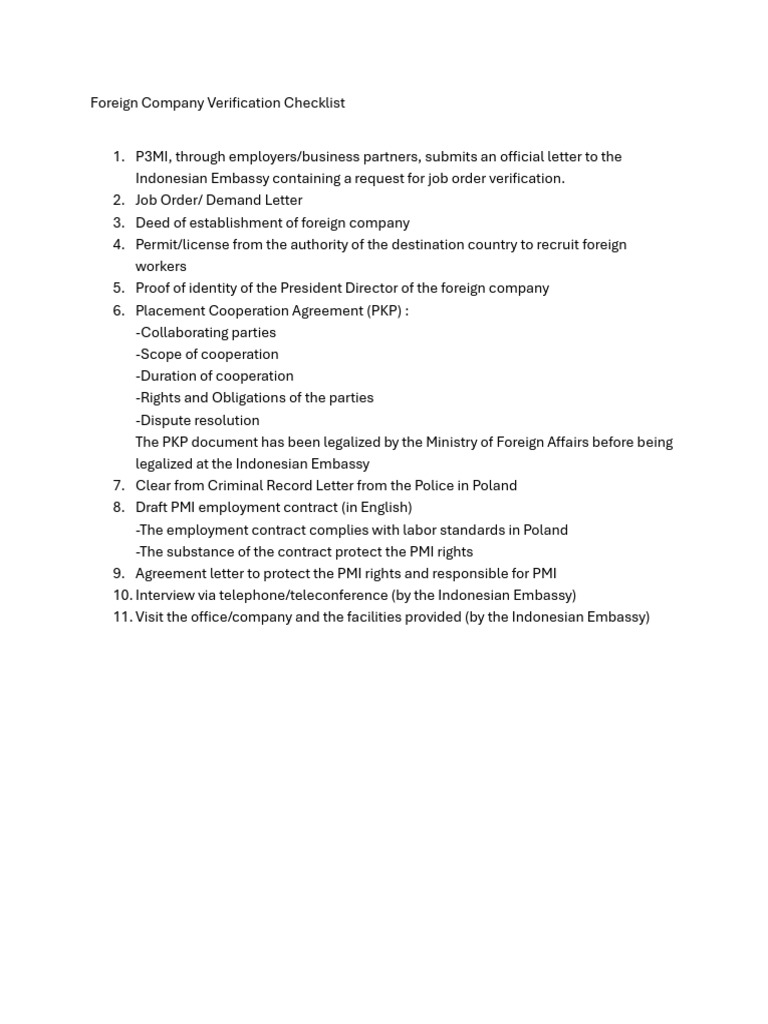 Foreign Company Verification Checklist Poland | PDF