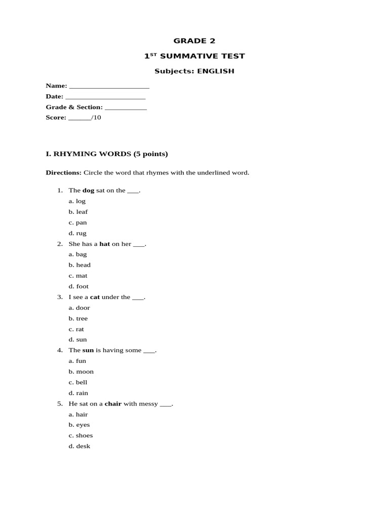 Grade 2 Summative Test and Performance q1 Week 2 and 3 | PDF