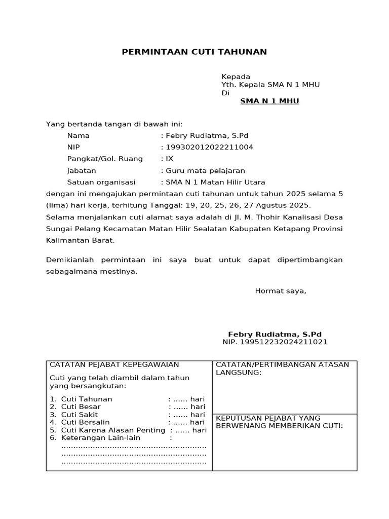 Permohonan Cuti Tahunan PNS 2025 | PDF