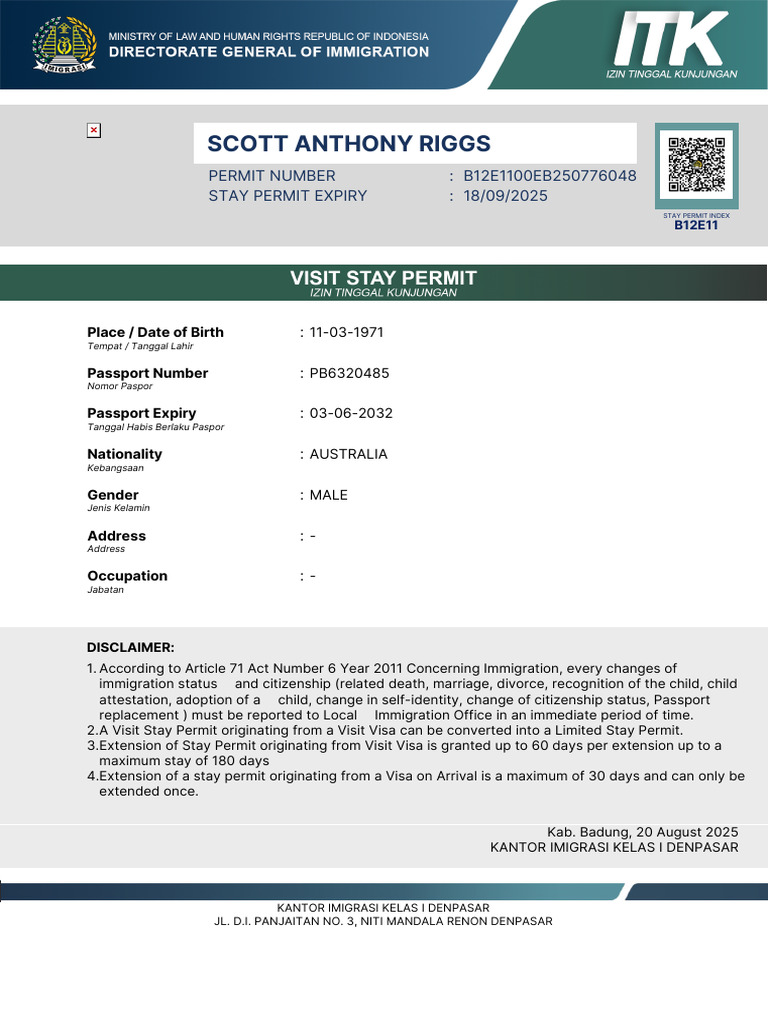 Scott Anthony Riggs: Permit Number: B12E1100EB250776048 Stay Permit ...