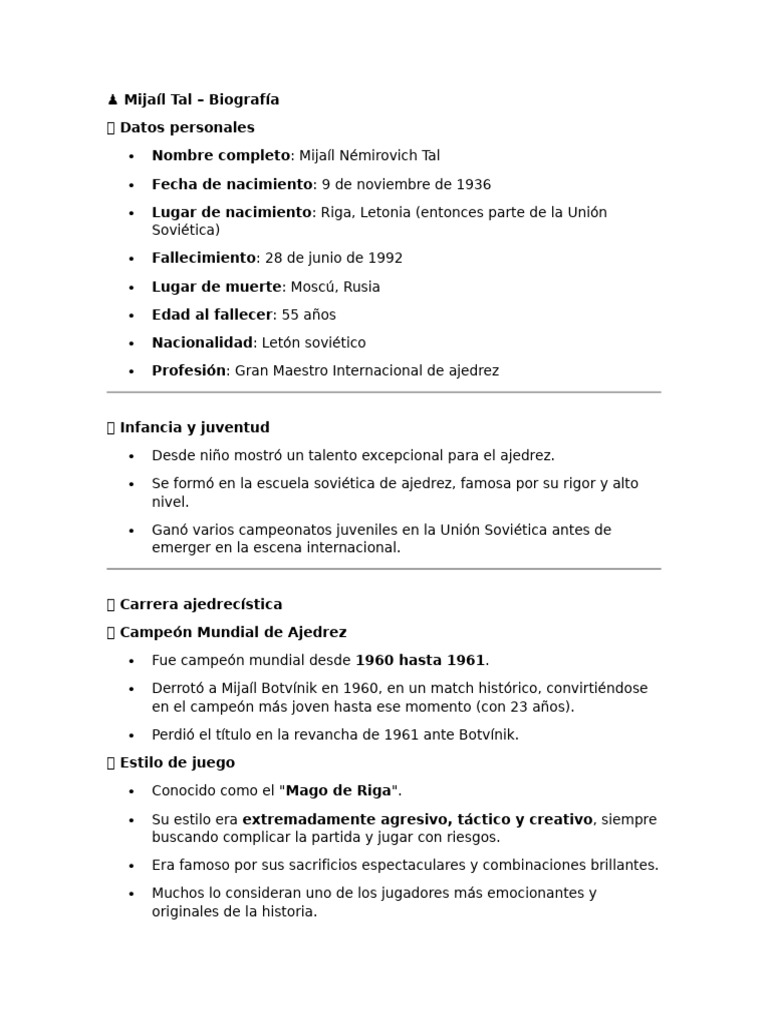 Mijaíl Tal: Biografía y legado ajedrecístico | PDF | Ajedrez