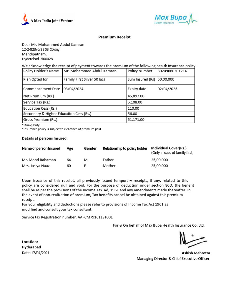 Health Insurance Premium Receipt | PDF