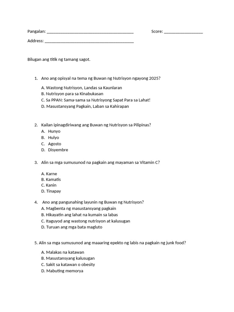 Nutrition Month Questionnaire | PDF