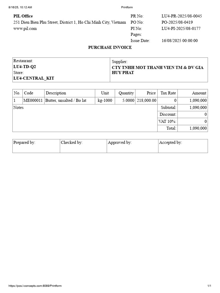 Purchase Invoice for Restaurant Supplies | PDF