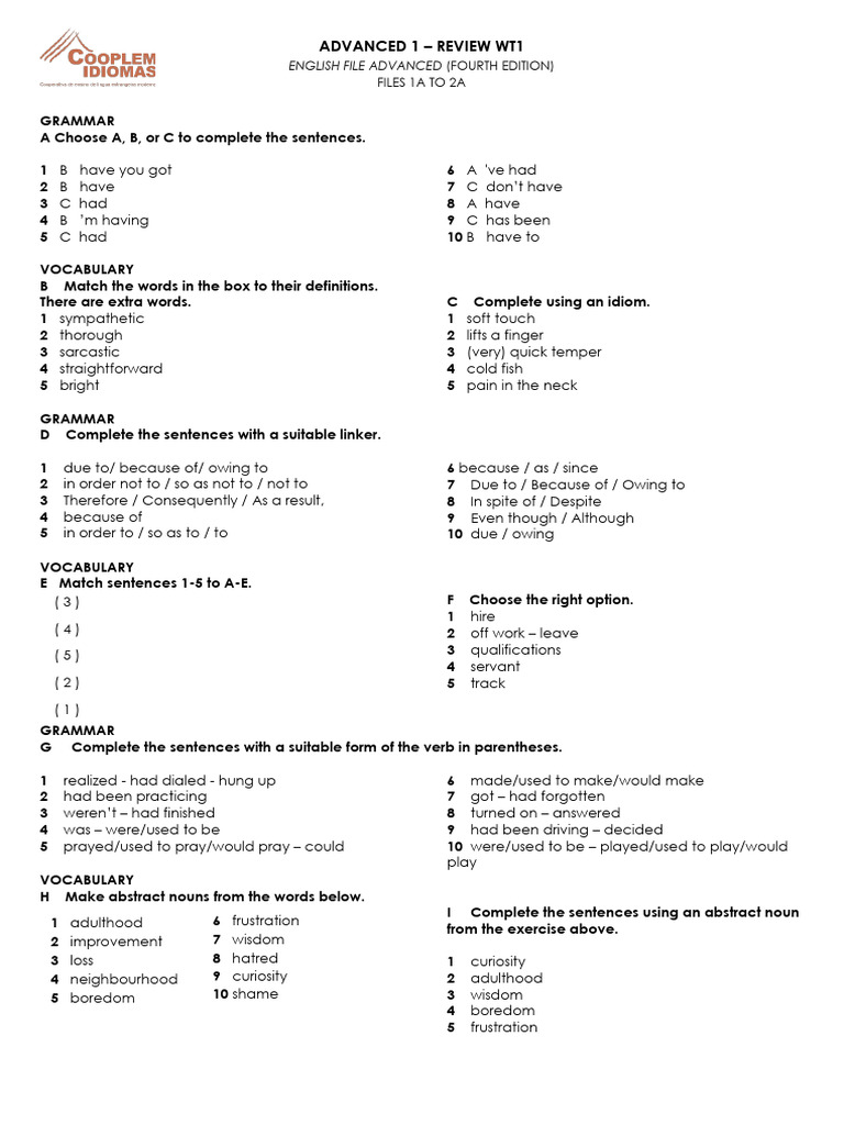 Review Wt1 - Lessons 1a-2a - Ad1 (Answer Key For Students) | PDF | Language Mechanics ...