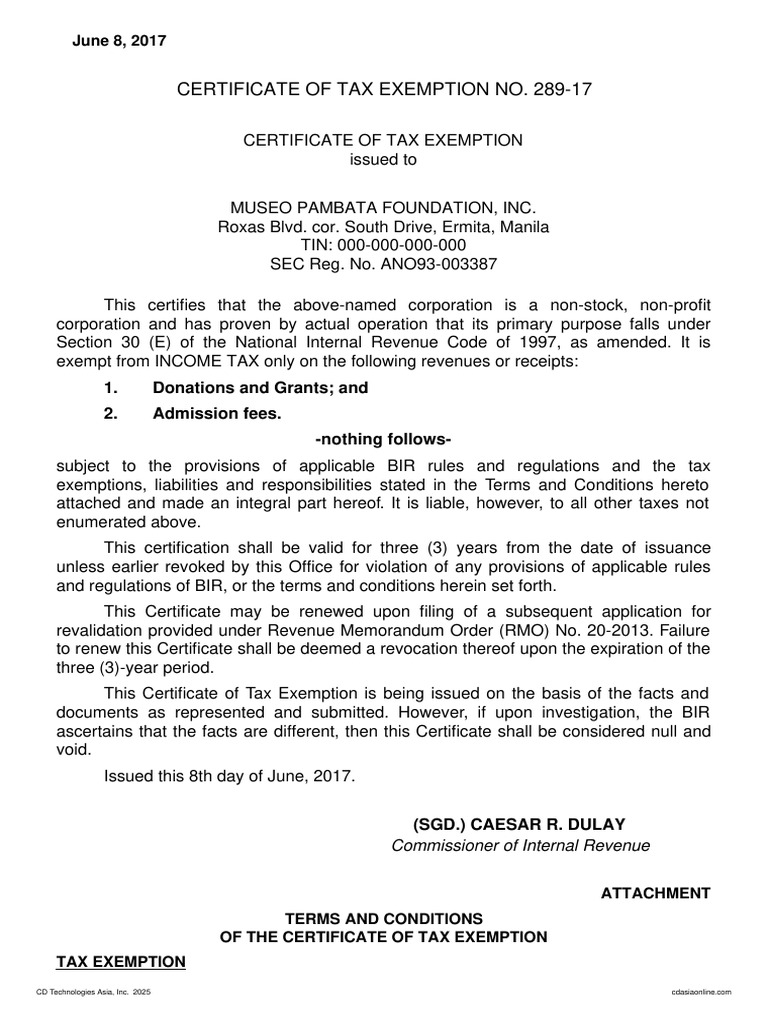Museo Pambata Tax Exemption Certificate | PDF | Taxes | Revenue