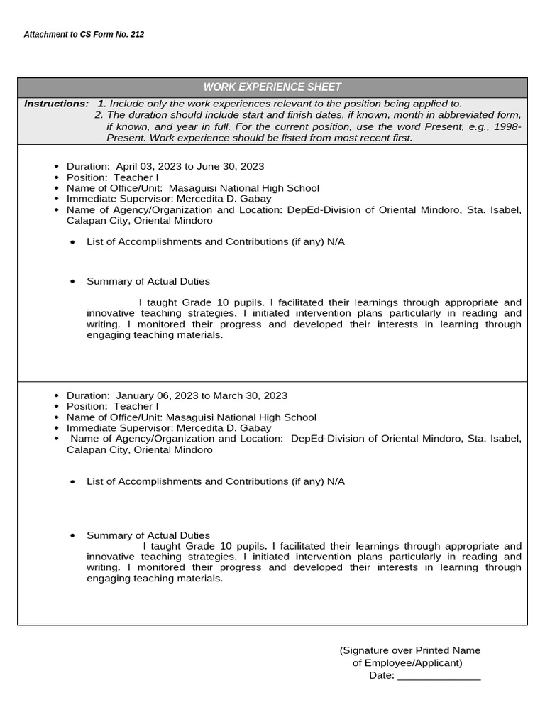 CS Norm No. 212 Attachment Work Experience Sheet | PDF | Teachers | Lesson Plan