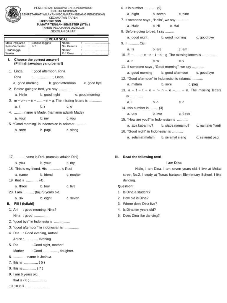 Soal Sts Bhs Inggris Kls 1 | PDF | Chess Theory | Chess Openings