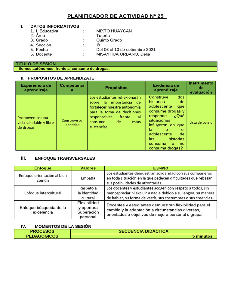 PLANIFICADOR DE ACTIVIDAD #26 - 5 Grado B | PDF | Aprendizaje | Enseñando