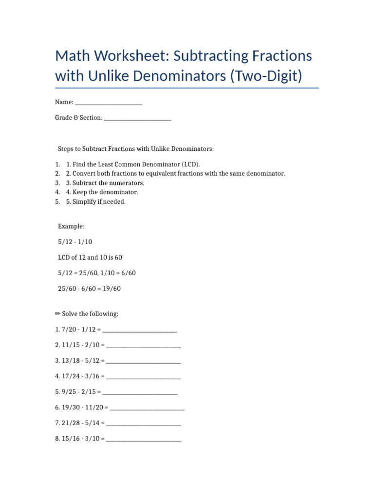 Subtracting Fractions TwoDigit Worksheet | PDF