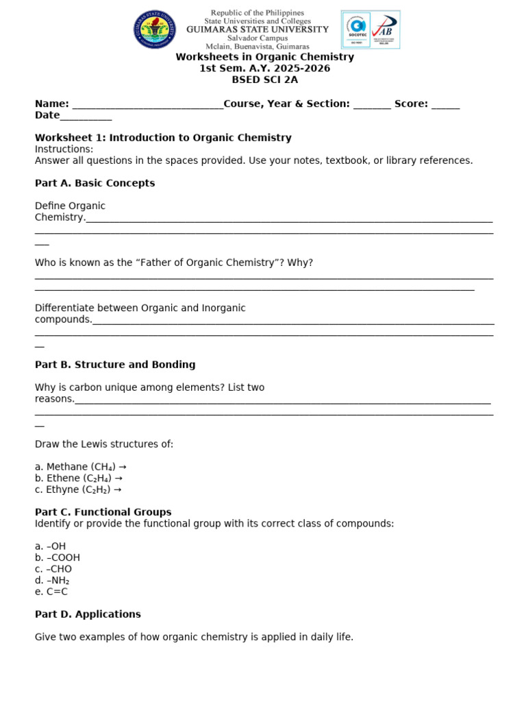 Organic Chemistry Worksheets for Students | PDF