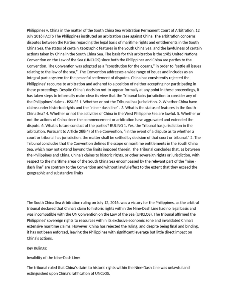 South China Sea Arbitration Ruling Summary | PDF | Arbitration | South ...