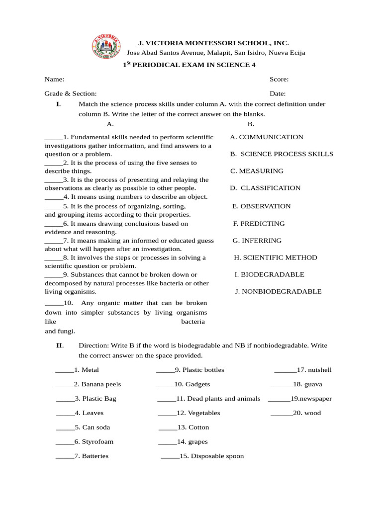 1st Periodical Exam in Science 4 | PDF
