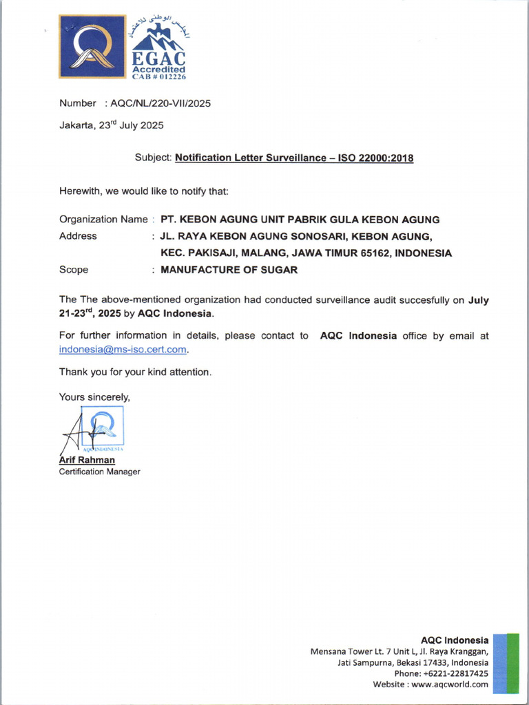 Surveillance Audit Fee Certification Standart ISO 220002018 (Invoice No ...