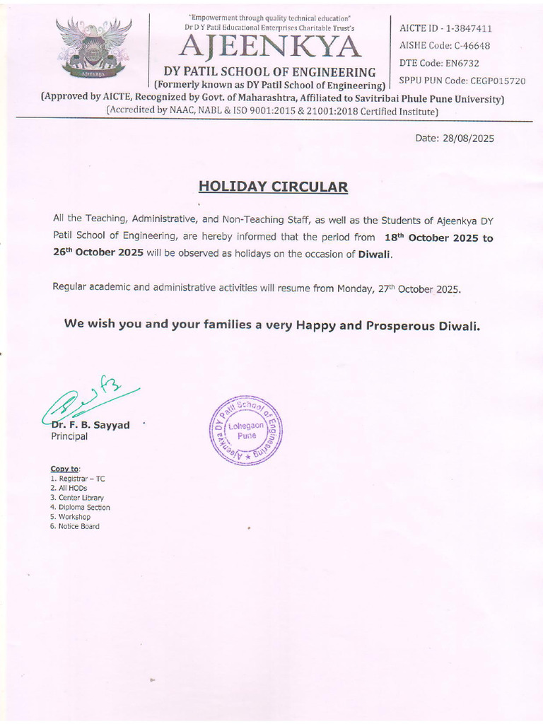 Holiday Circular - Diwali (18th October 2025 To 26th October 2025) | PDF