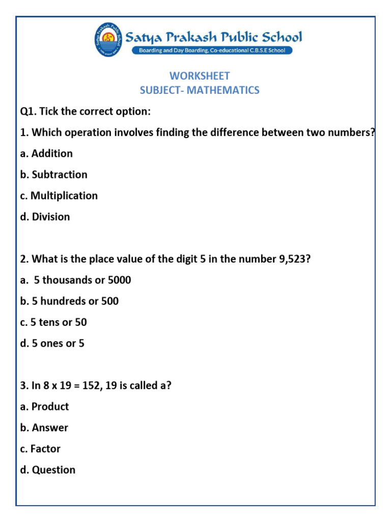 Class 3 Maths Worksheet Activities | PDF