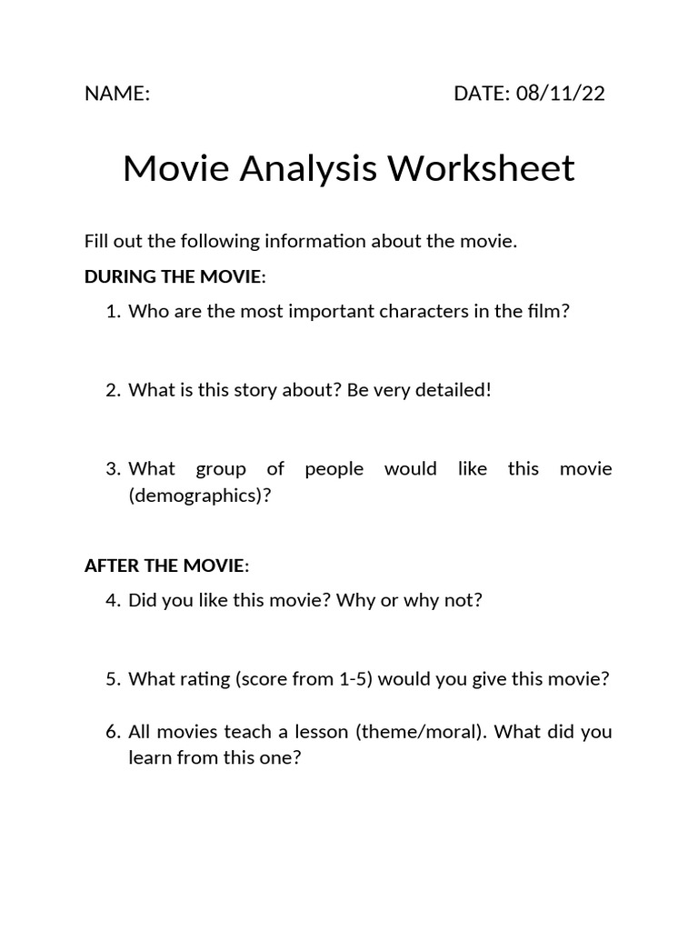 Movie Analysis Worksheet Kids | PDF