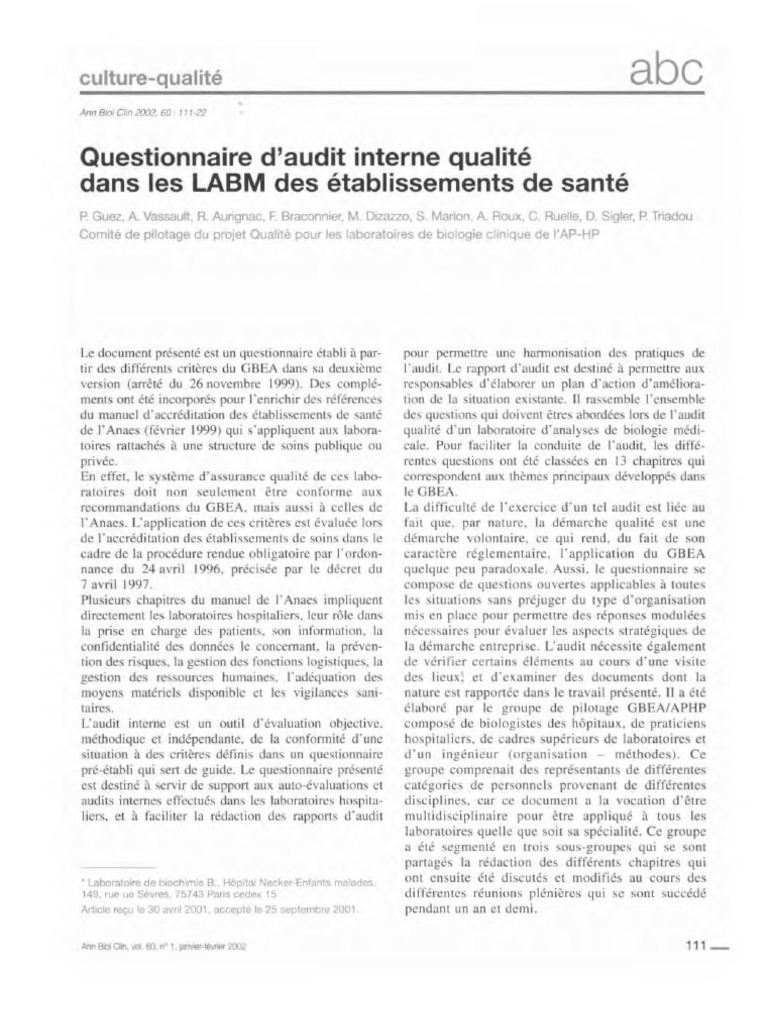 Questionnaire Audit Interne Qualite | Informatique | Calibrage