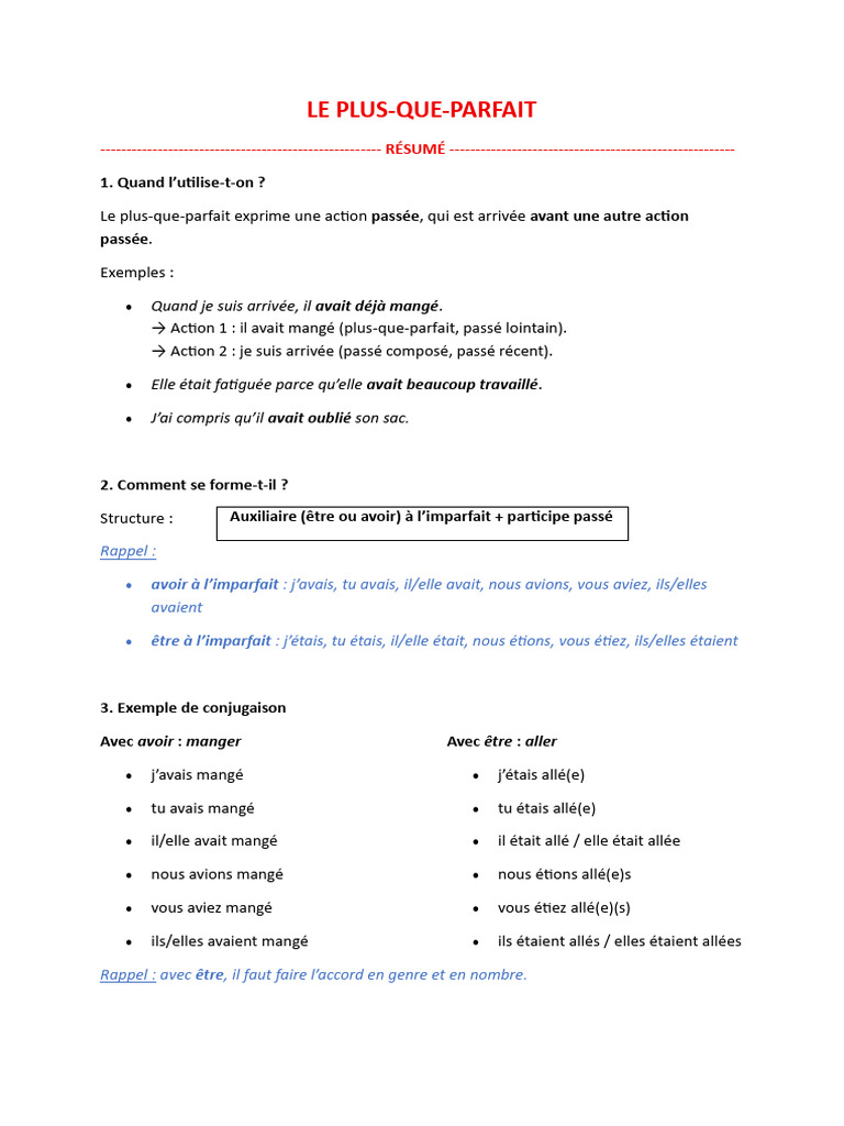 Le Plus-Que-Parfait + Exercices | PDF | Linguistique | Grammaire