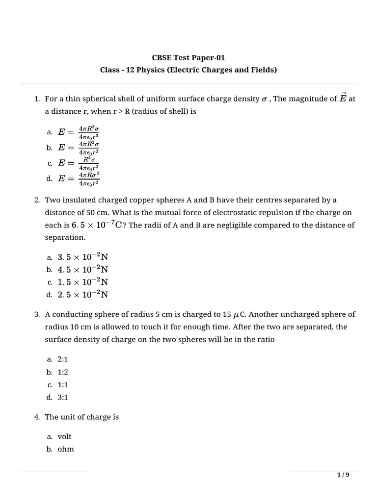 CBSE Class 12 Physics Test Paper: Electric Charges | PDF | Electric ...