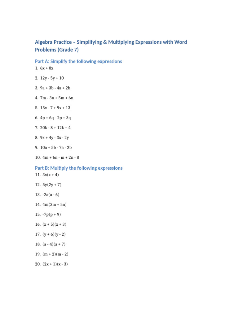 Grade 7 Algebra: Expressions & Word Problems | PDF | Length | Area