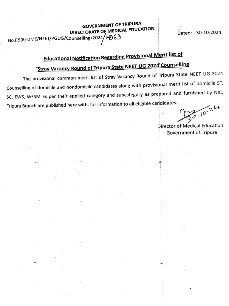 Educational Notification Regarding Provisional Merit List of Stray Vacancy Round of Tripura ...